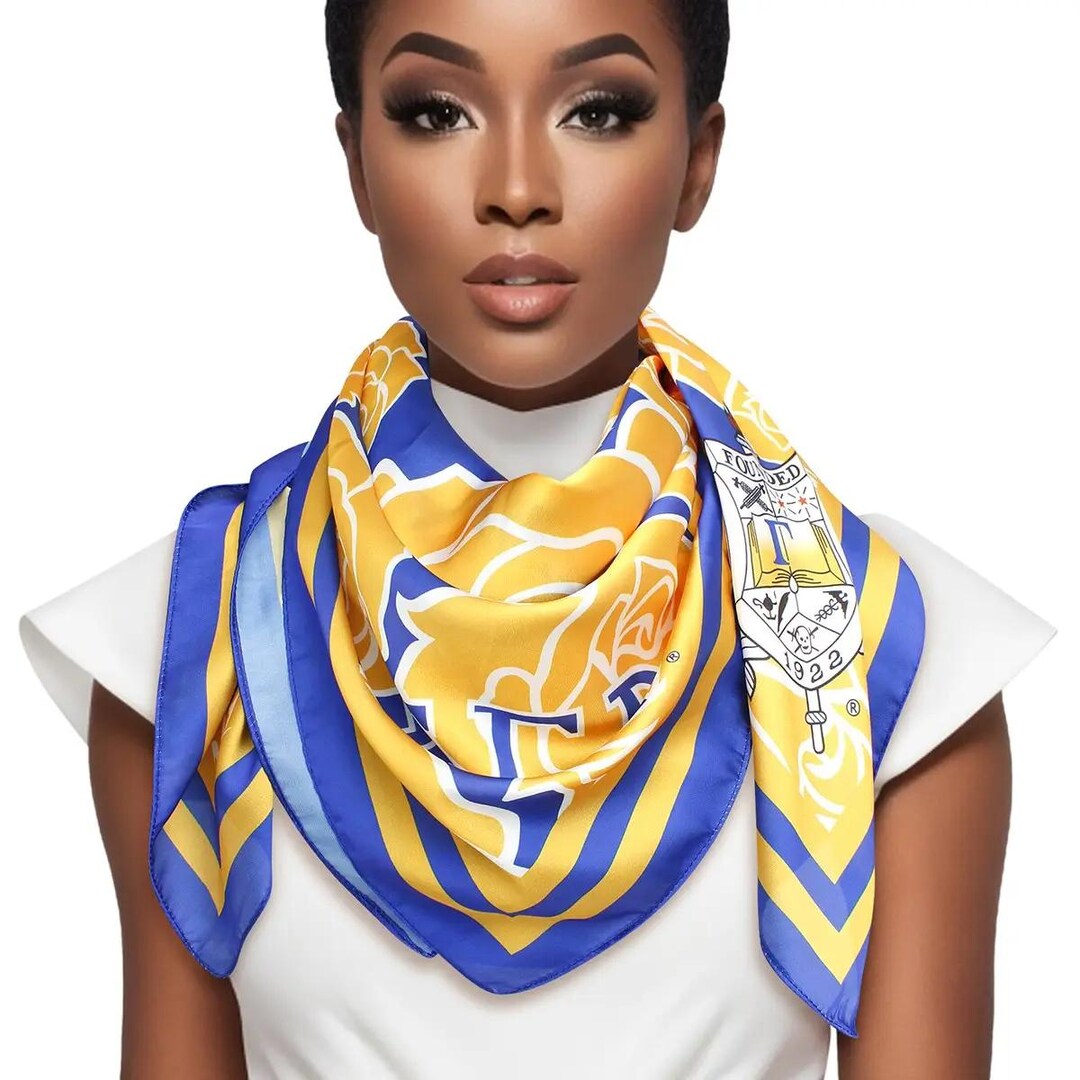 Sigma Gamma Rho Sorority Scarf – Gold and Blue Silky Square With Shield ...