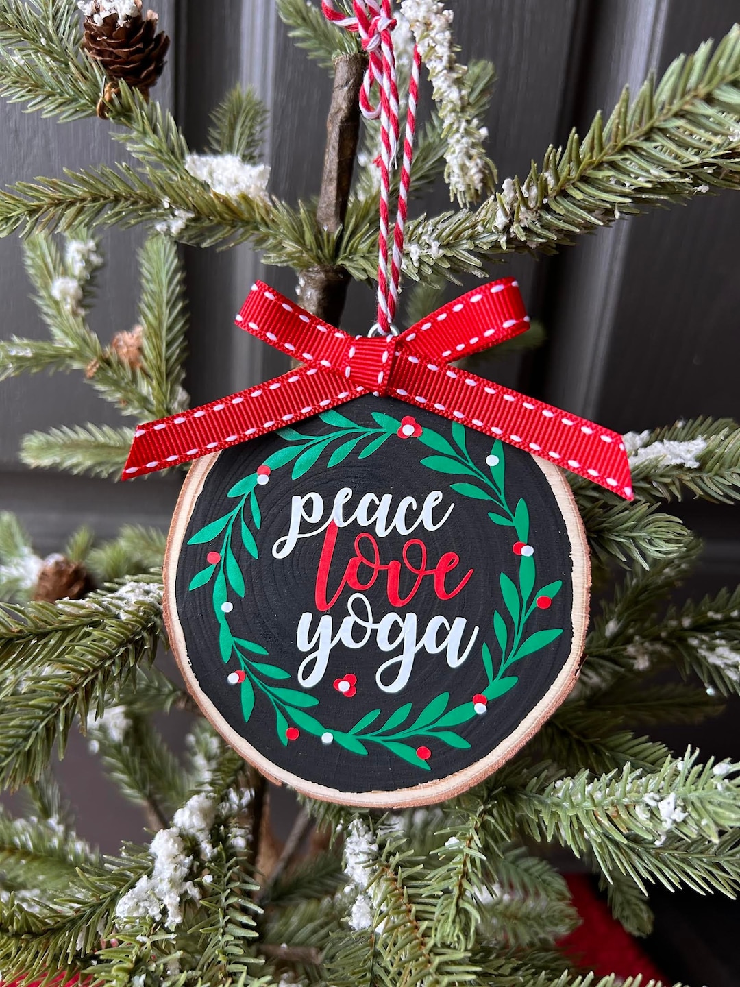 Yoga Christmas Ornament, Peace Love Yoga, Real Wood Slice Ornament ...