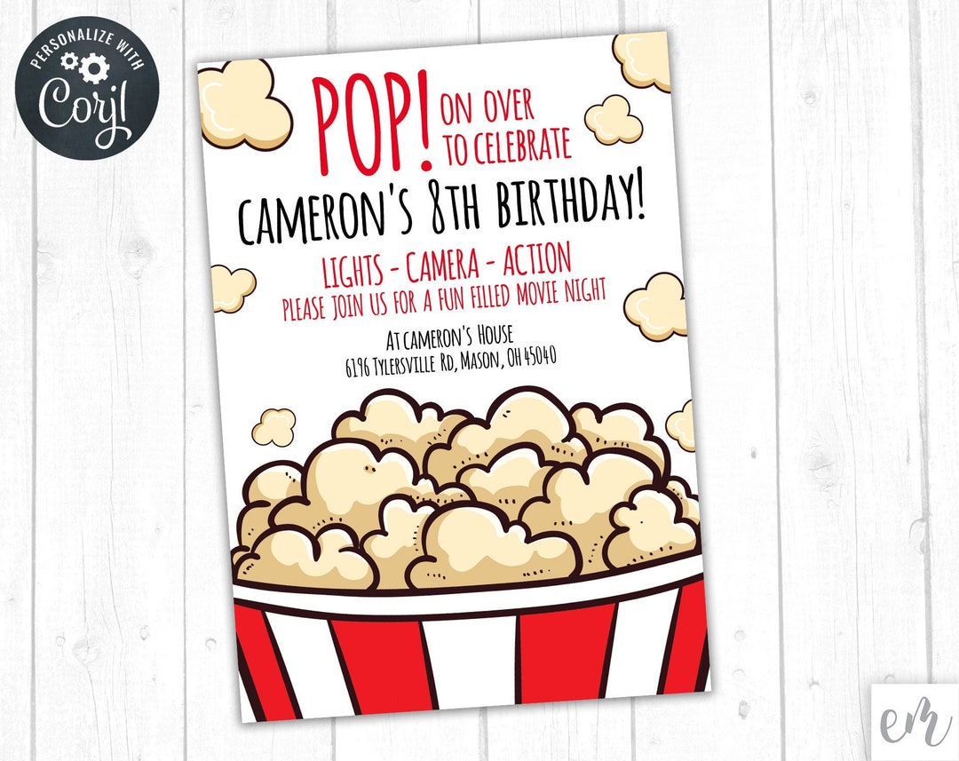 Popcorn Party Birthday Invitation, Movie Night Birthday Party, Movie ...