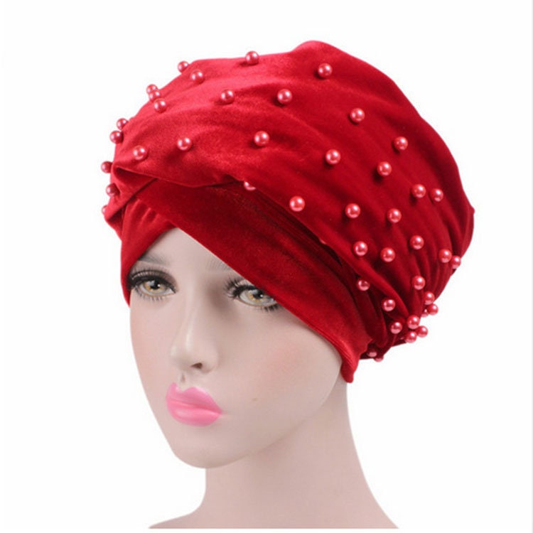 Double Hand Beaded Pearls Velvet Head Wrap, Hijab Head Wrap, One Size ...
