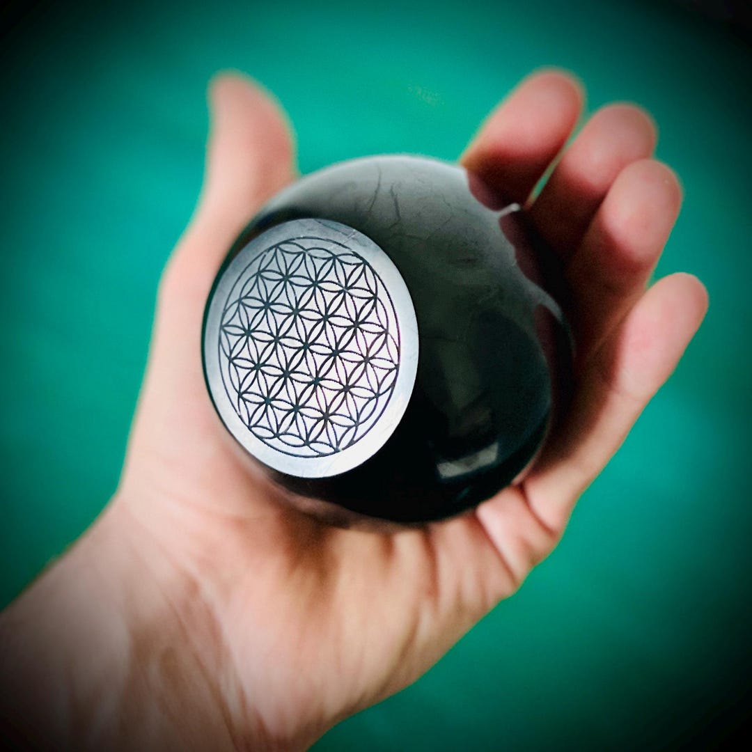Flower of Life - Black Shungite Sphere EMF Protection Crystal Ball ...