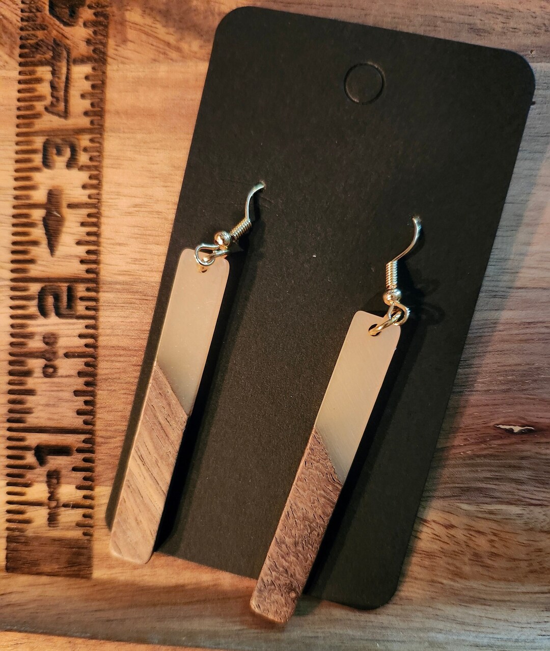 Earrings. Wood and Resin Rectangle With Soft Yellow Creme. Elegance and ...