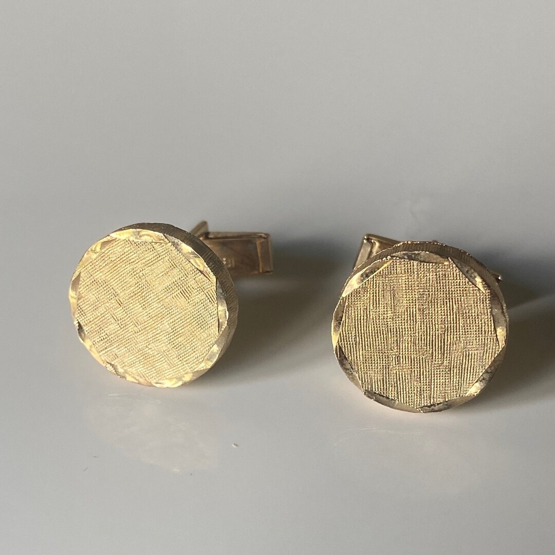 Vintage MOD Engravable Faux Gold Cuff Links, Round Textured Gold Tone ...