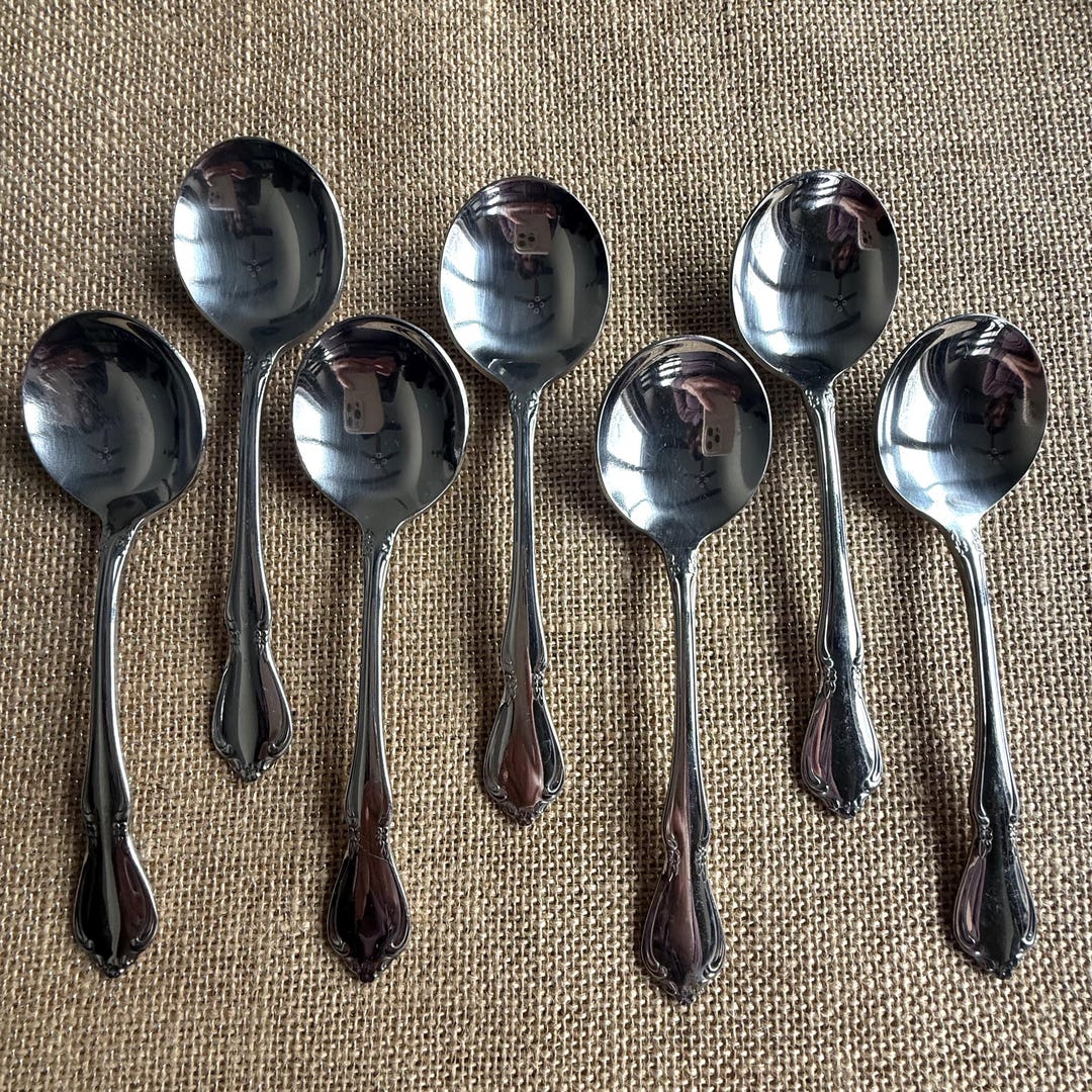 Vintage Oneida CHATEAU Soup Spoons, 7 Stainless Round Bowl Spoons ...