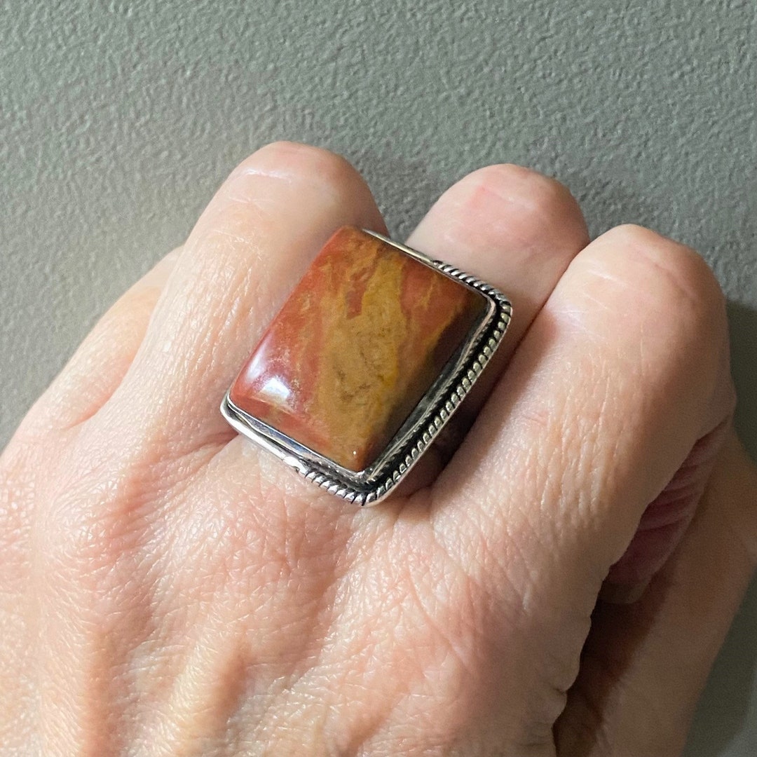 Vintage Orange Rust Sterling Silver Agate Ring, 925 Silver Large ...