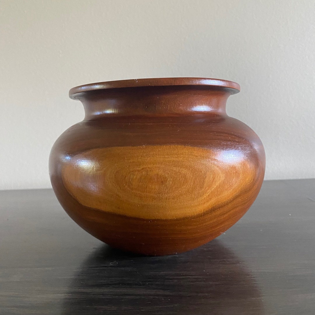 Vintage Walnut Wood Round Vase, 6" W Earthy Dark Wooden Planter ...