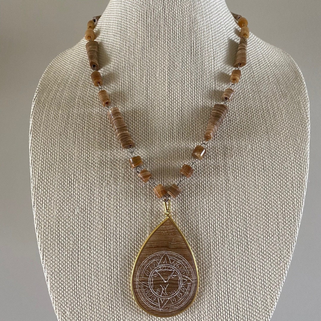 Vintage Mexican Carved Agate Aztec Sun God Necklace, Hand Made Etched ...