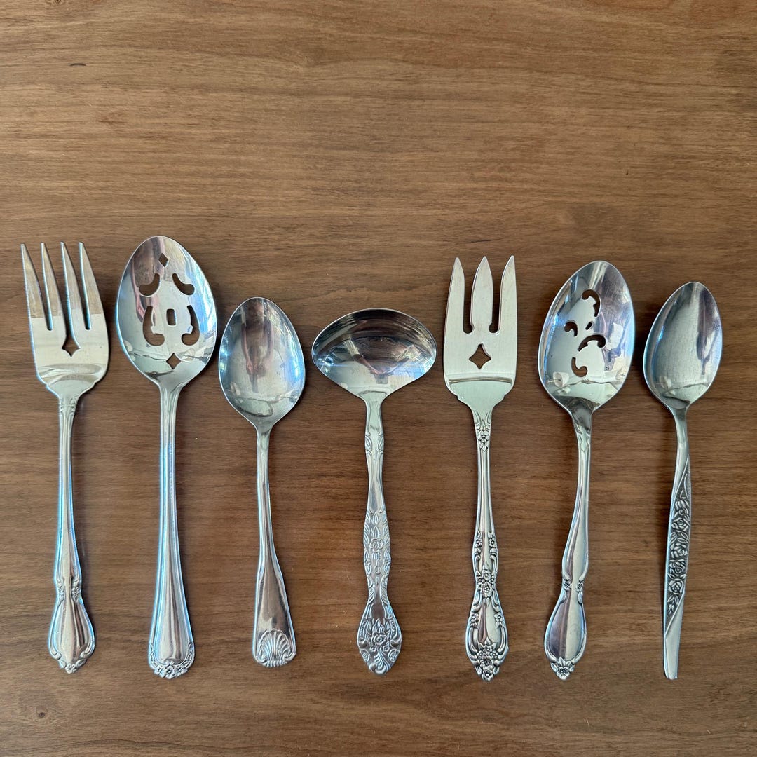Vintage Mix Match Romantic Floral Scroll Serving Utensils, 7 Mismatched ...