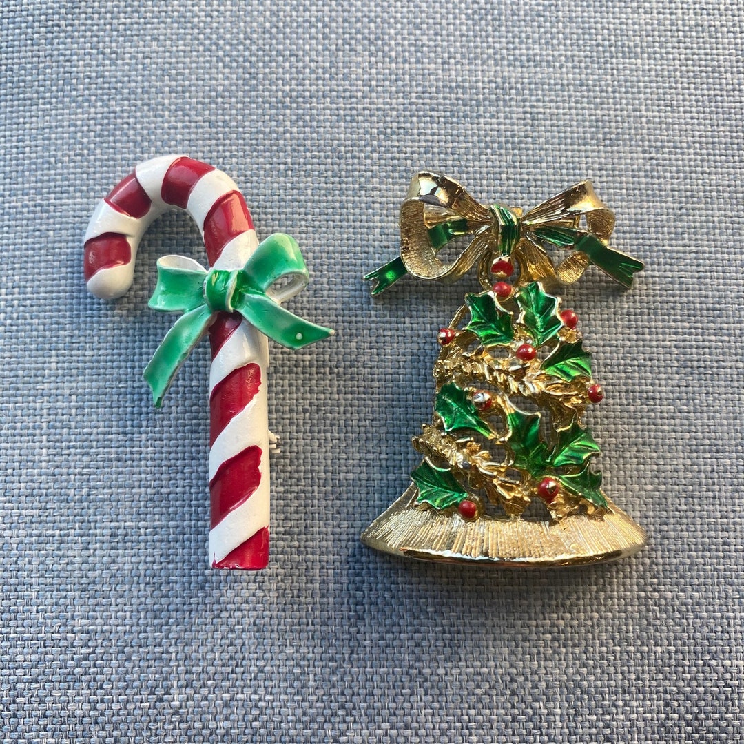 Vintage Candy Cane & Christmas Bell Brooch Pins, Set of 2 Mid Century ...