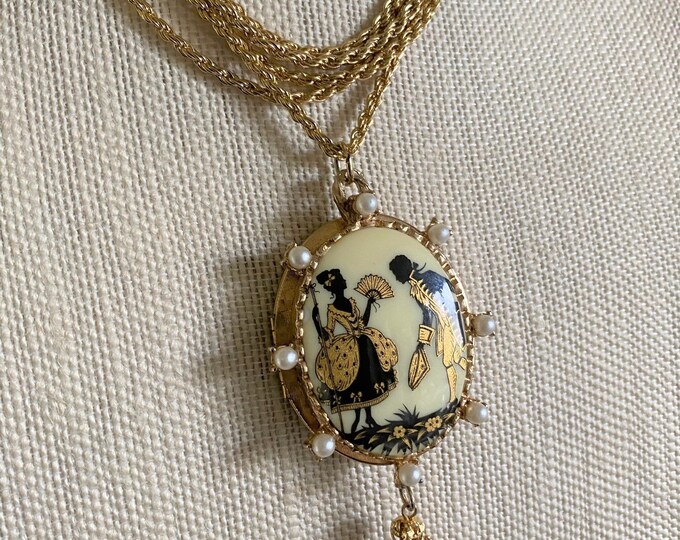 Vintage Fragonard Style Locket Multichain Necklace, Large Oval Faux ...