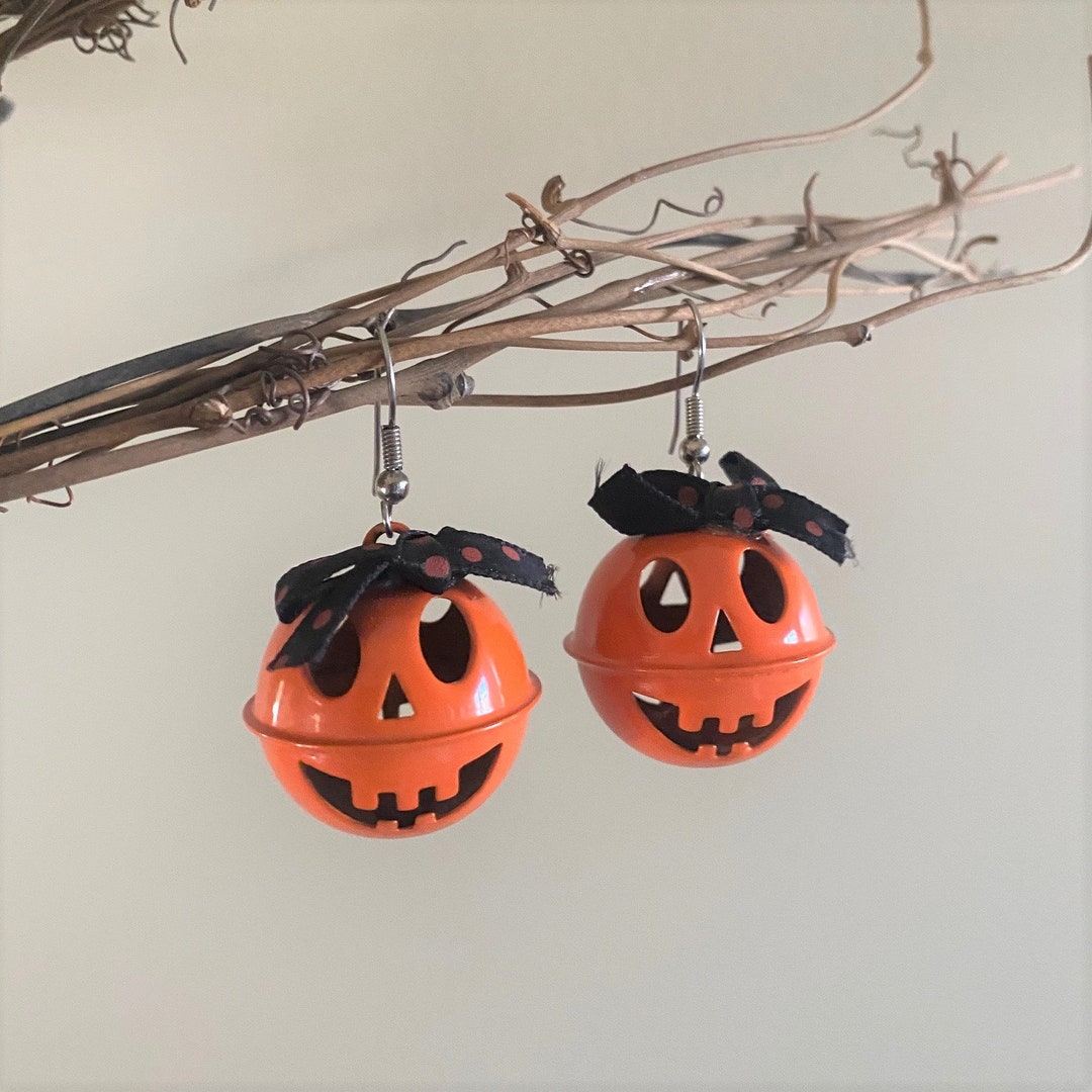 Vintage Jingle Bell Jack O Lantern Earrings, Orange Pumpkin Bell ...