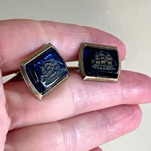 Vintage Art Deco Nautical Ship Cuff Links, Engraved Cobalt Blue Glass ...