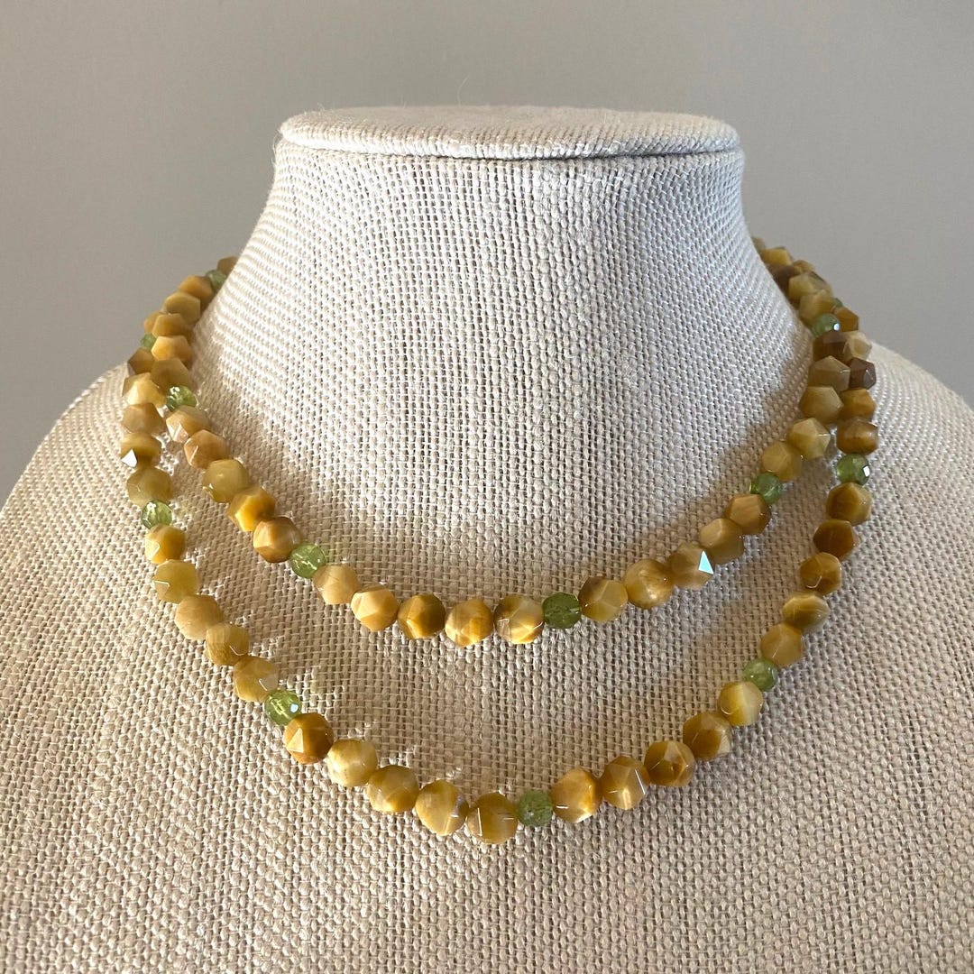 Vintage DTR Jay King Golden Brown & Green Gemstone Necklace, Sterling Silver Jasper? and Olivine ...