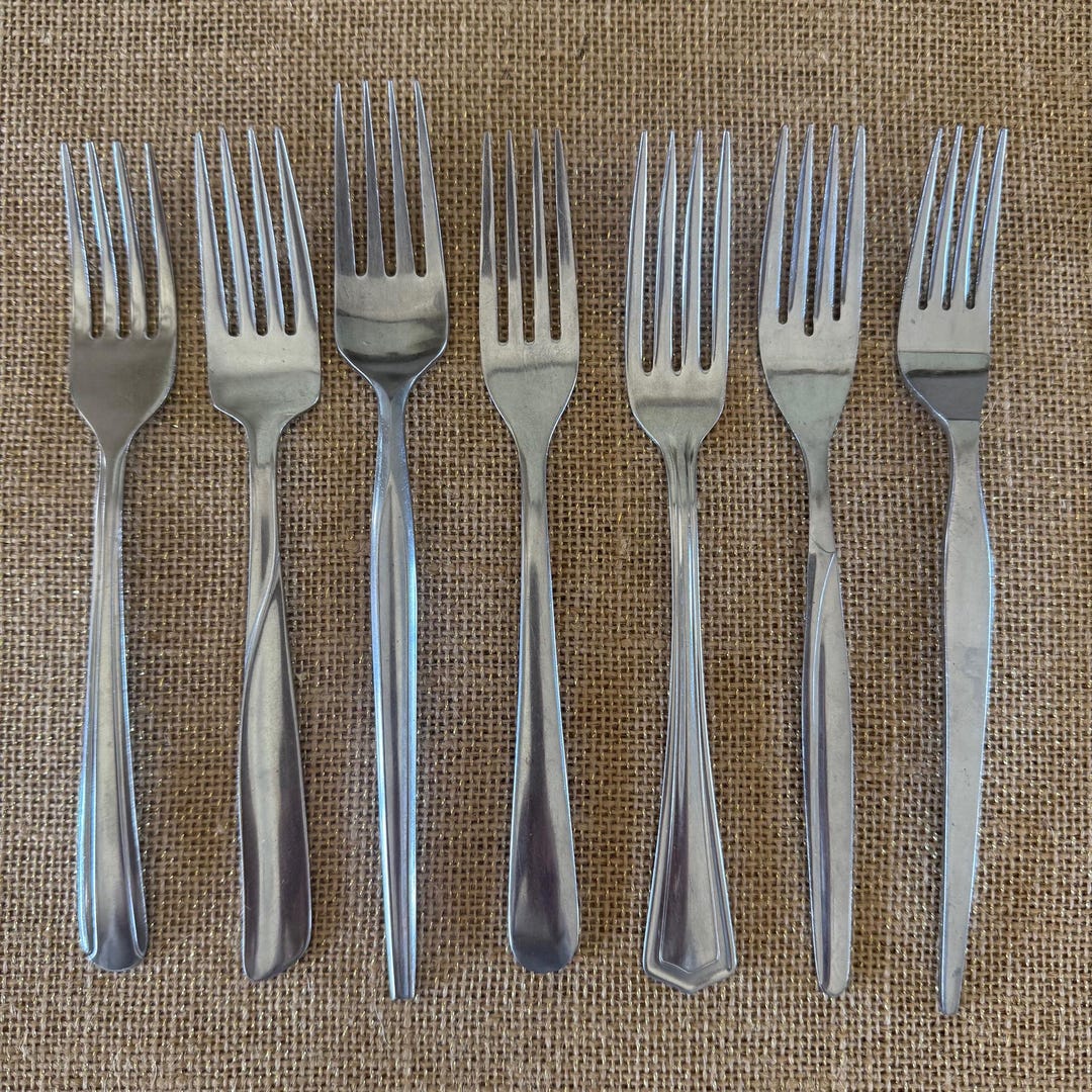 Vintage Mismatched Modernist Stainless Forks, 7 Mix Match MCM Dinner ...