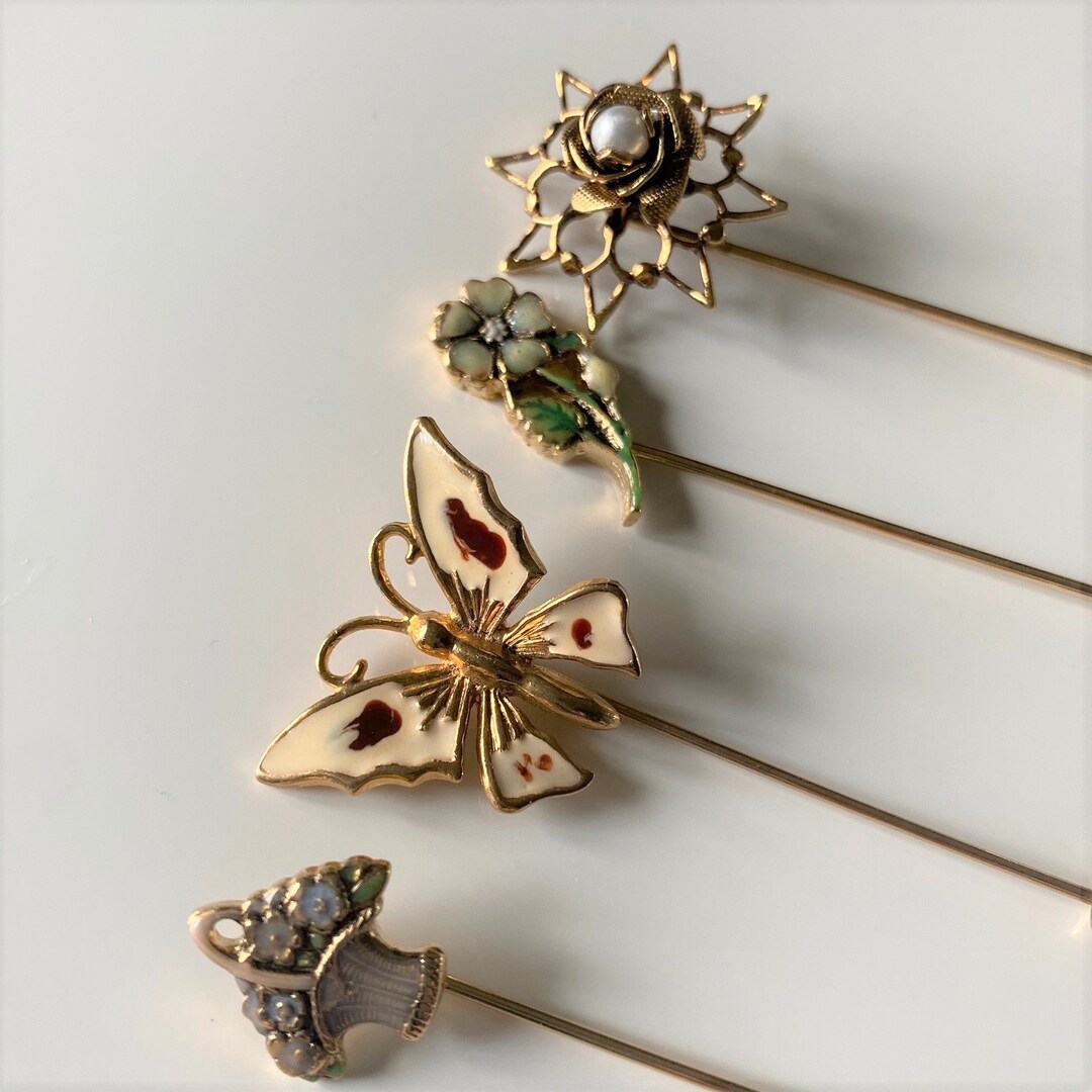 Vintage Mid Century Enamel Stick Pins, Basket of Flowers Stick Pin ...