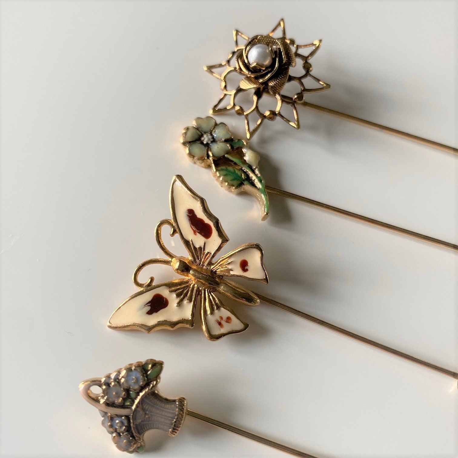 Vintage Mid Century Enamel Stick Pins Basket of Flowers Stick - Etsy