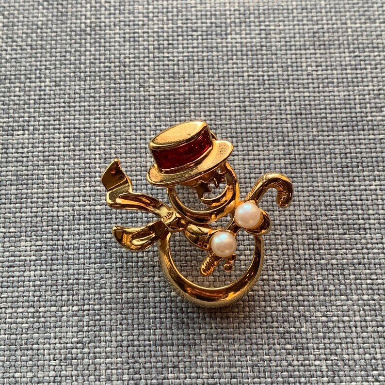 Vintage Snowman Lapel Pin Gold Tone Red Enamel Faux Pearl | Etsy