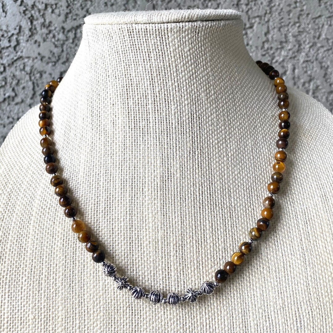 Vintage Tiger Eye Necklace, 6 MM Yellow Tiger's Eye Bead Necklace ...