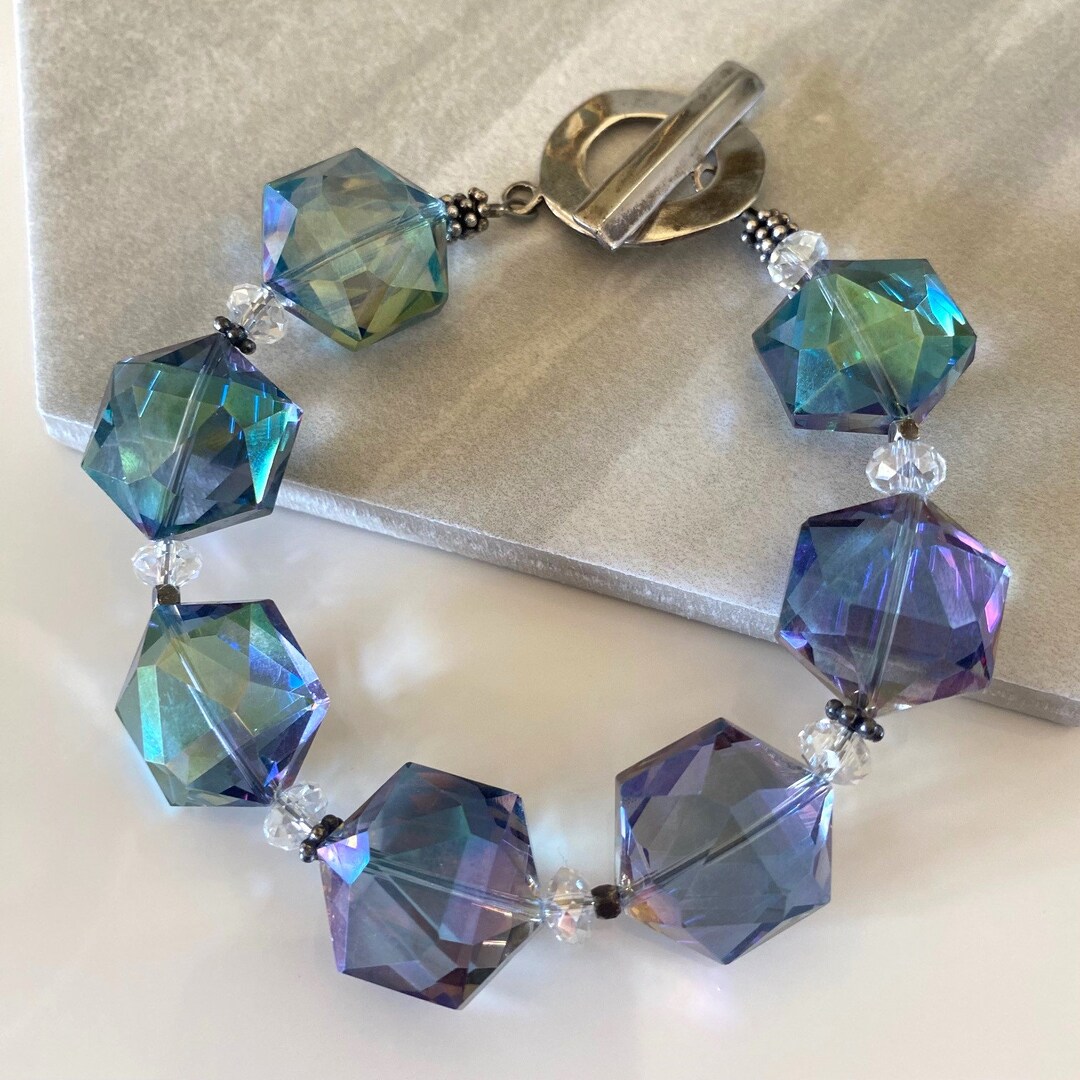 Vintage Huge Swarovski Crystal Sterling Silver Toggle Bracelet, 925 Silver Oversized AB Crystal ...