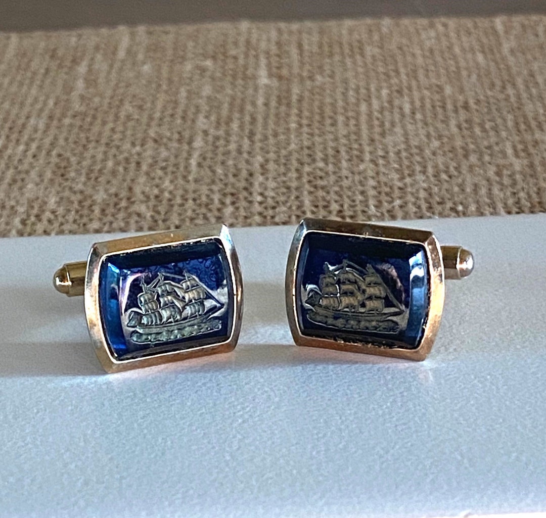 Vintage Art Deco Nautical Ship Cuff Links, Engraved Cobalt Blue Glass ...