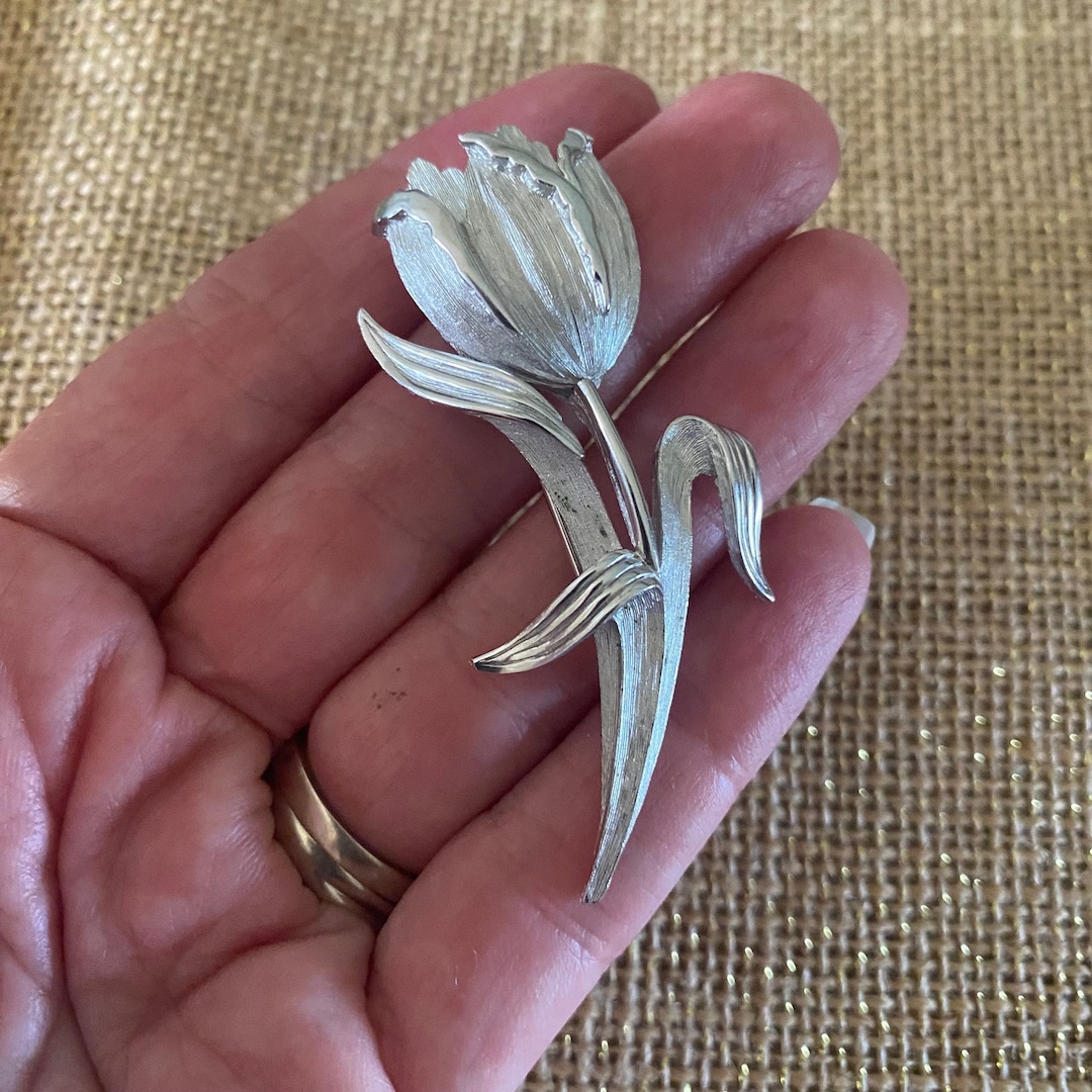 Vintage Crown Trifari Tulip Brooch Pin, 1960s Silver Tone Tulip Flower ...