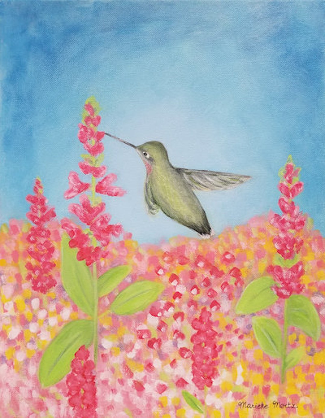 Hummingbird in Flower Garden Painting Original Art on Gallery Wrapped ...