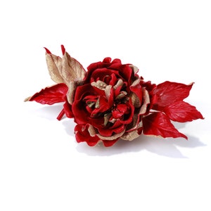 Red Gold Brooch Real Leather Flower Red Floral Jewerly Bridal Accessory ...