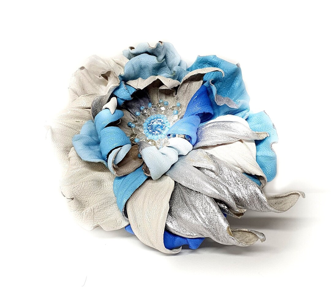 Blue Leather Flower Brooch/ 3rd Anniversary Gift/ Blue and White ...