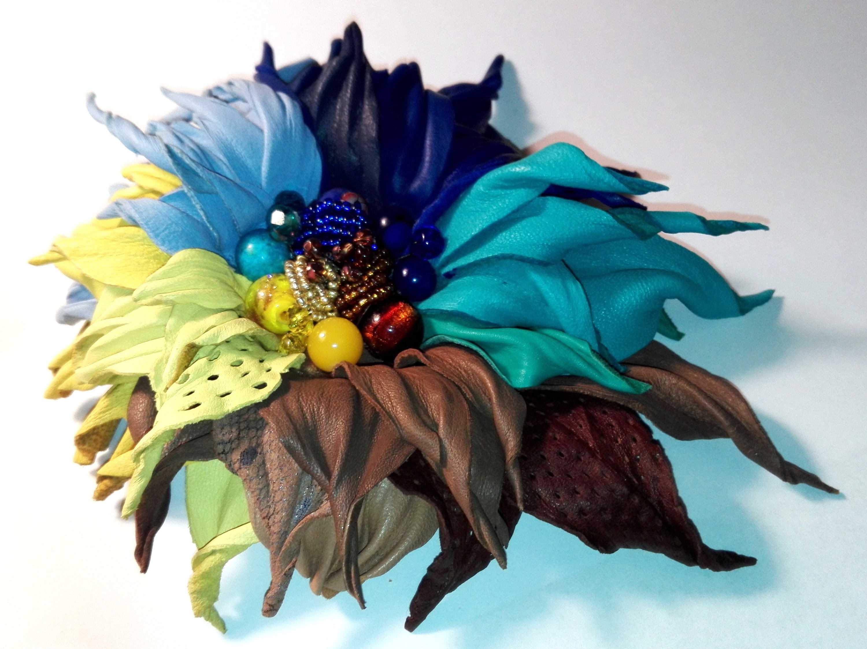 Blue Large Flower Brooch/ Romantic Leather Gift/ 3rd Anniversary Gift ...