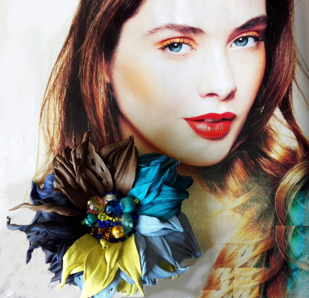 Blue Flower Pin/ Leather Flower Brooch/ Flower Jewelry/ Handmade Gift ...