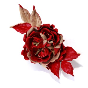 Red Gold Brooch Real Leather Flower Red Floral Jewerly Bridal Accessory ...