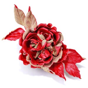 Red Gold Brooch Real Leather Flower Red Floral Jewerly Bridal Accessory ...