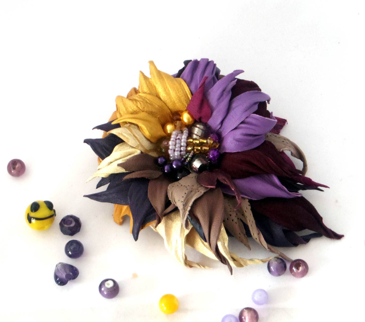 Purple Flower Brooch/ Leather Flower Jewelry/ 3rd Anniversary Gift for ...