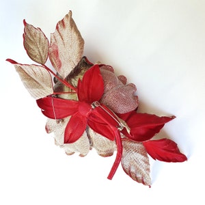 Red Gold Brooch Real Leather Flower Red Floral Jewerly Bridal Accessory ...