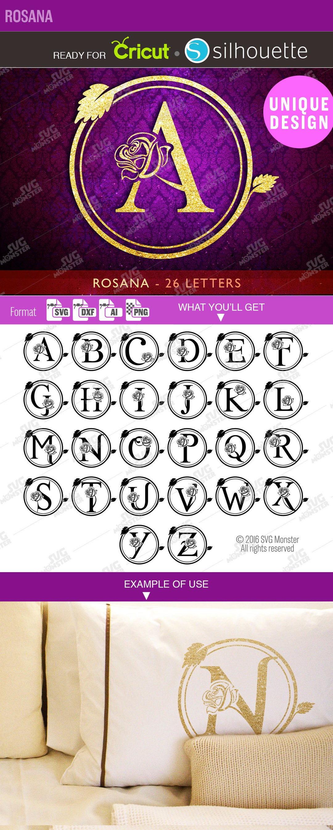 ROSANA Rose Monogram Font Svg Monogram Svg File Cuttable Letters Vinyl ...
