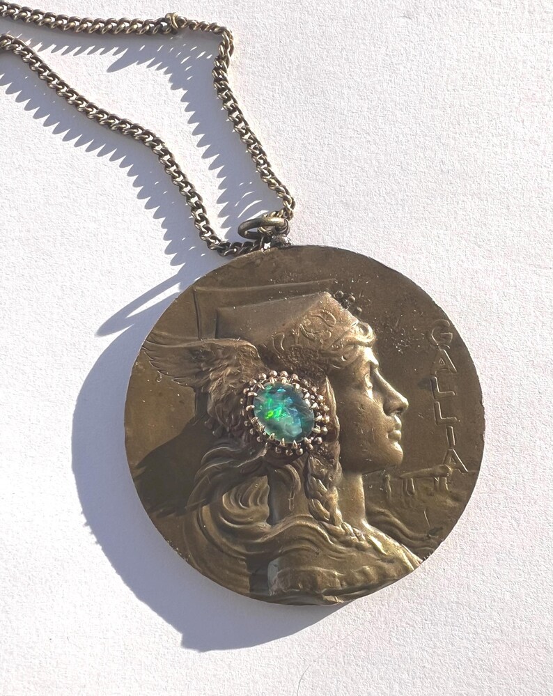 Antique Gallia French Medal Pendant With Opal Stone on Chain - Etsy