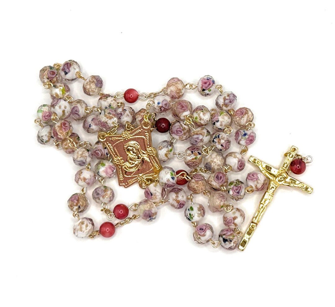 Pink Rose Rosary Beads: Gold Tone Blessed Mother Center - Etsy