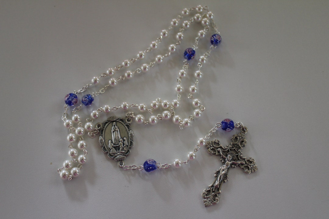 Rosary Beads, Our Lady of Fatima Pearl Shell and Blue Flower Beads - Etsy