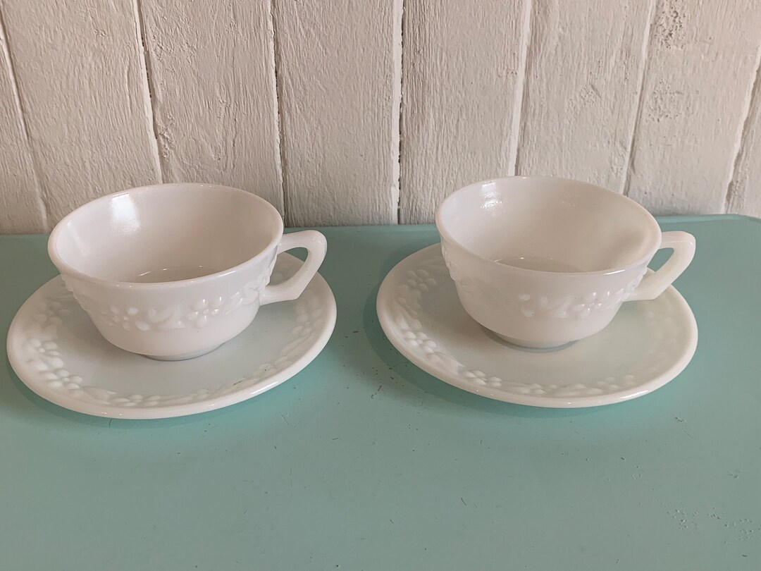 VTG Rare Anchor Hocking Milkglass Flower Pattern Teacup and Saucer Duo ...