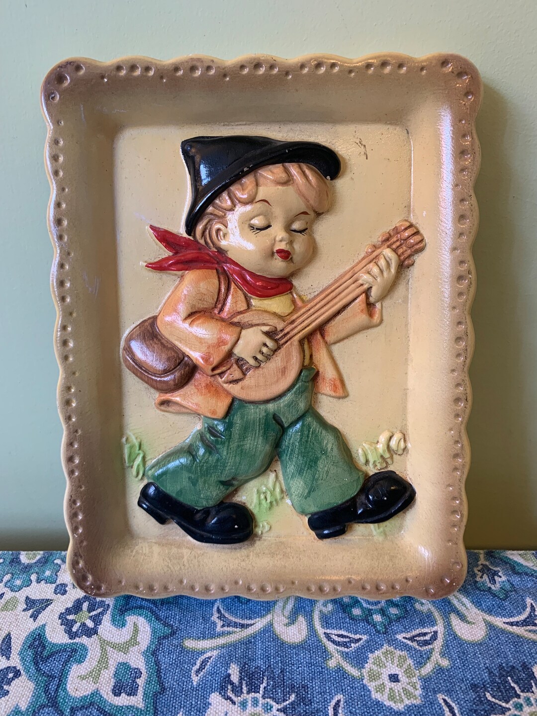 Hummel Like Porcelain Wall Hanging Plate Boy With Guitar - Children ...