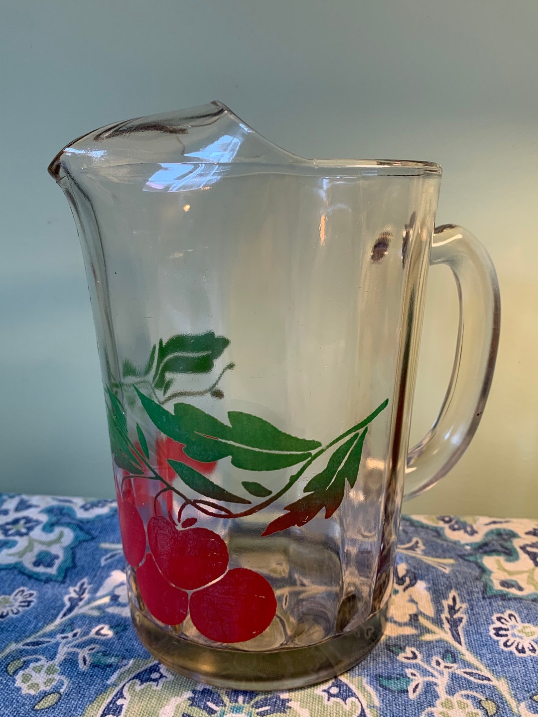 Vintage Cherry Pattern Heavy Glass Pitcher - Glass Juice Pitcher ...