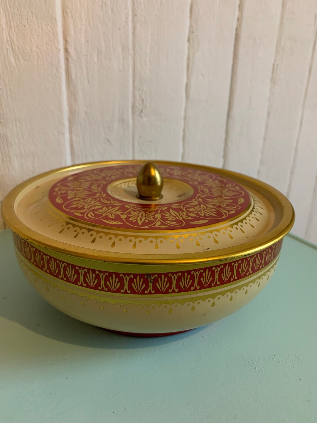 Vintage Round Metal Tin Gold and Red - Round Metal Box With Flower ...