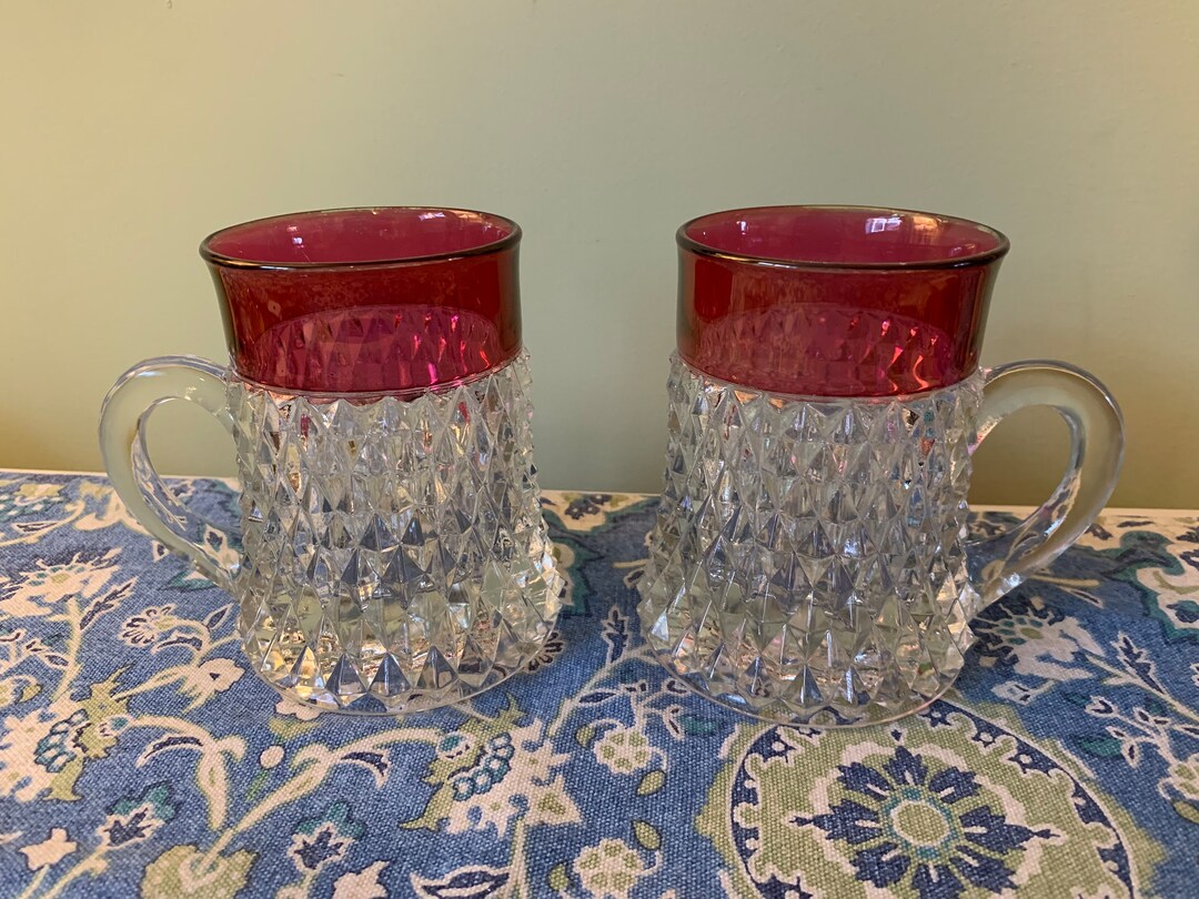 Indiana Glass Red Diamond Cut Glass Duo Mugs Cranberry Red Glass Heavy ...