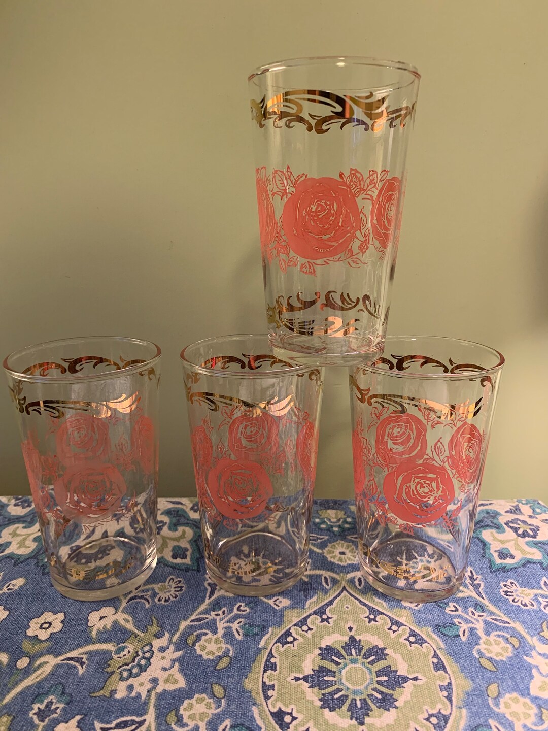 VTG Federal Glass Drinking Glasses Roses Gold Pattern Vintage Barware ...