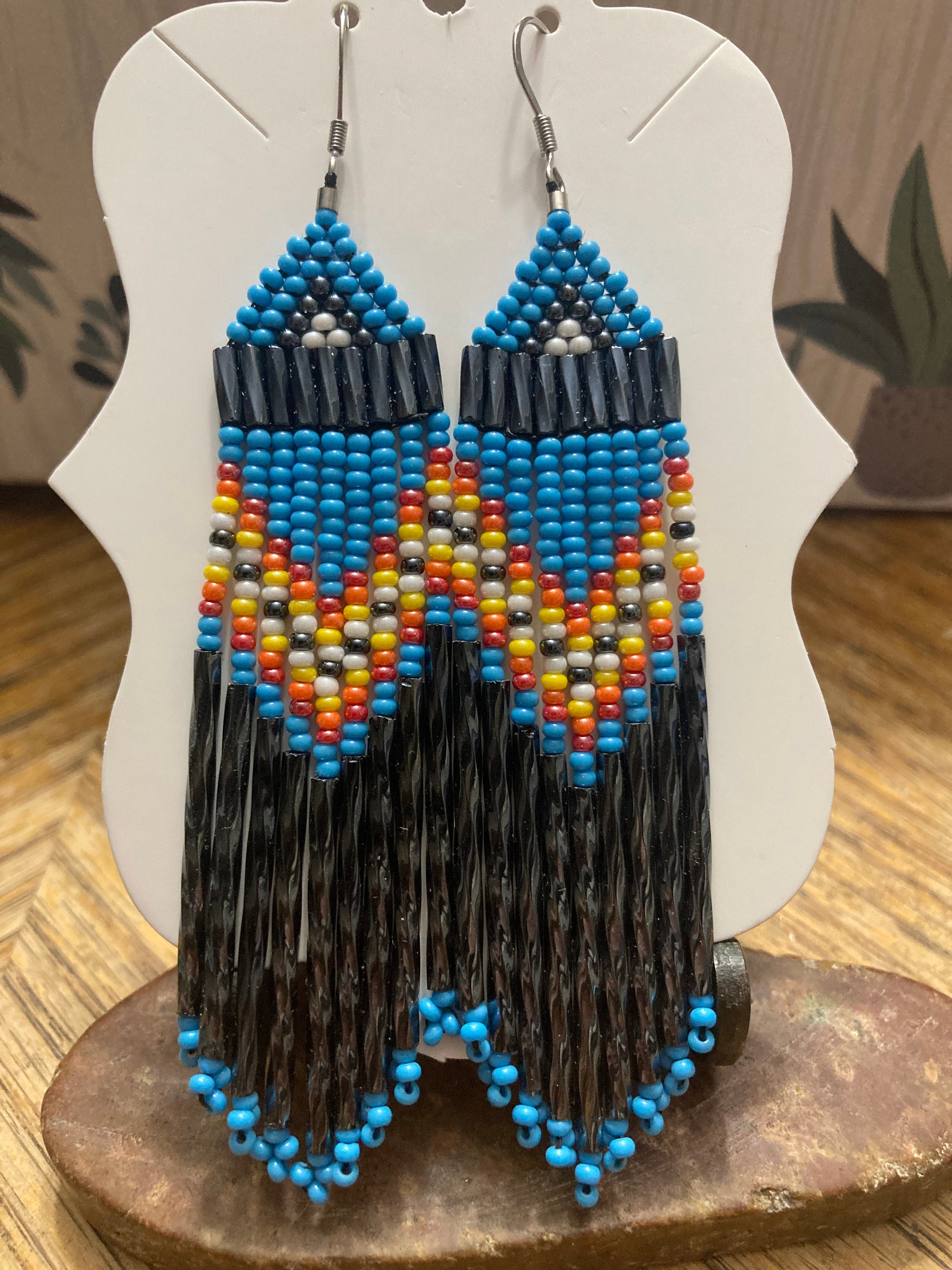 Blue Beaded Earrings/long Black Bugle Beads - Etsy