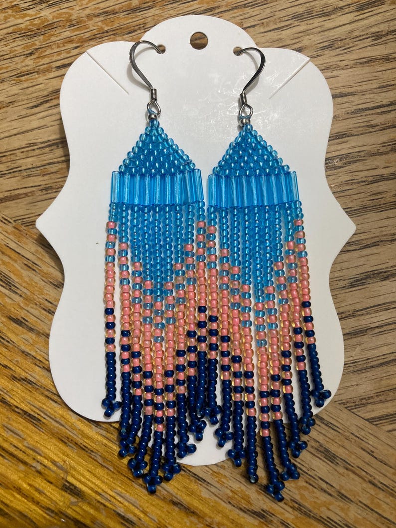 Beaded Earrings: Blue, Coral and Navy Blue Cascade - Etsy