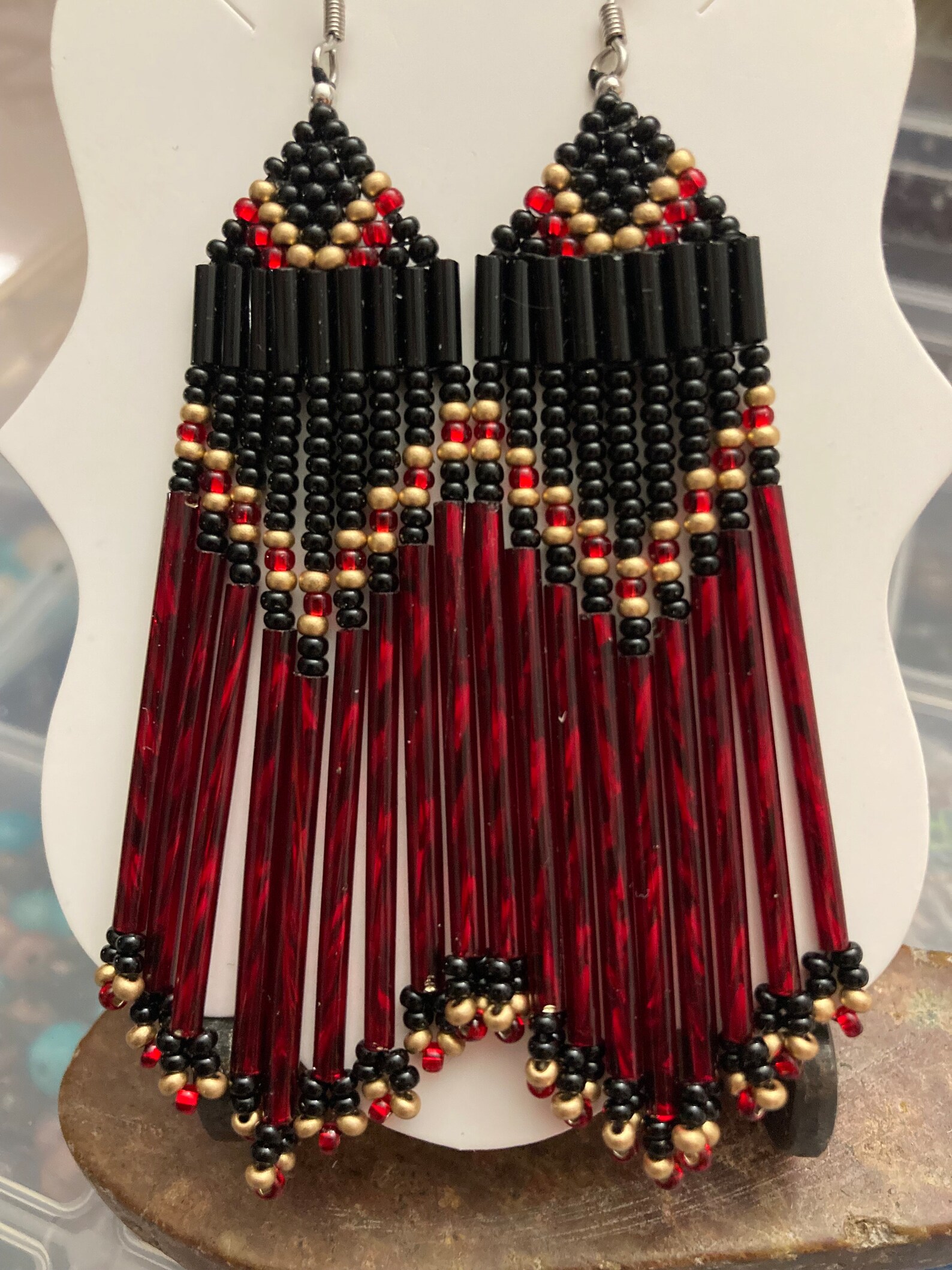 Black Beaded Earrings/long Red Bugle Beads - Etsy