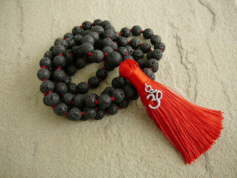 108 Mala Lava Necklace Black Lava Rock Hand Knotted 108 Beads Long ...