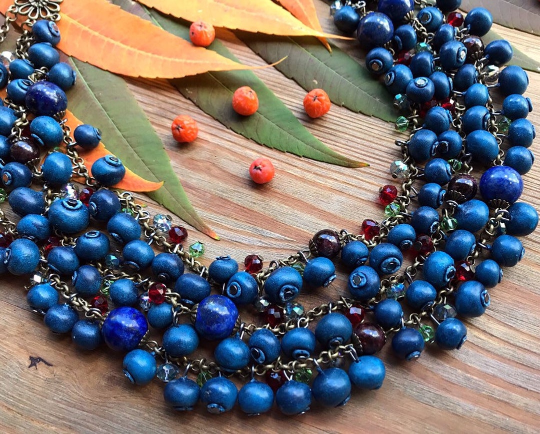 Blueberry Necklace With Garnet & Lapis Lazuli Statement Royal Blue ...