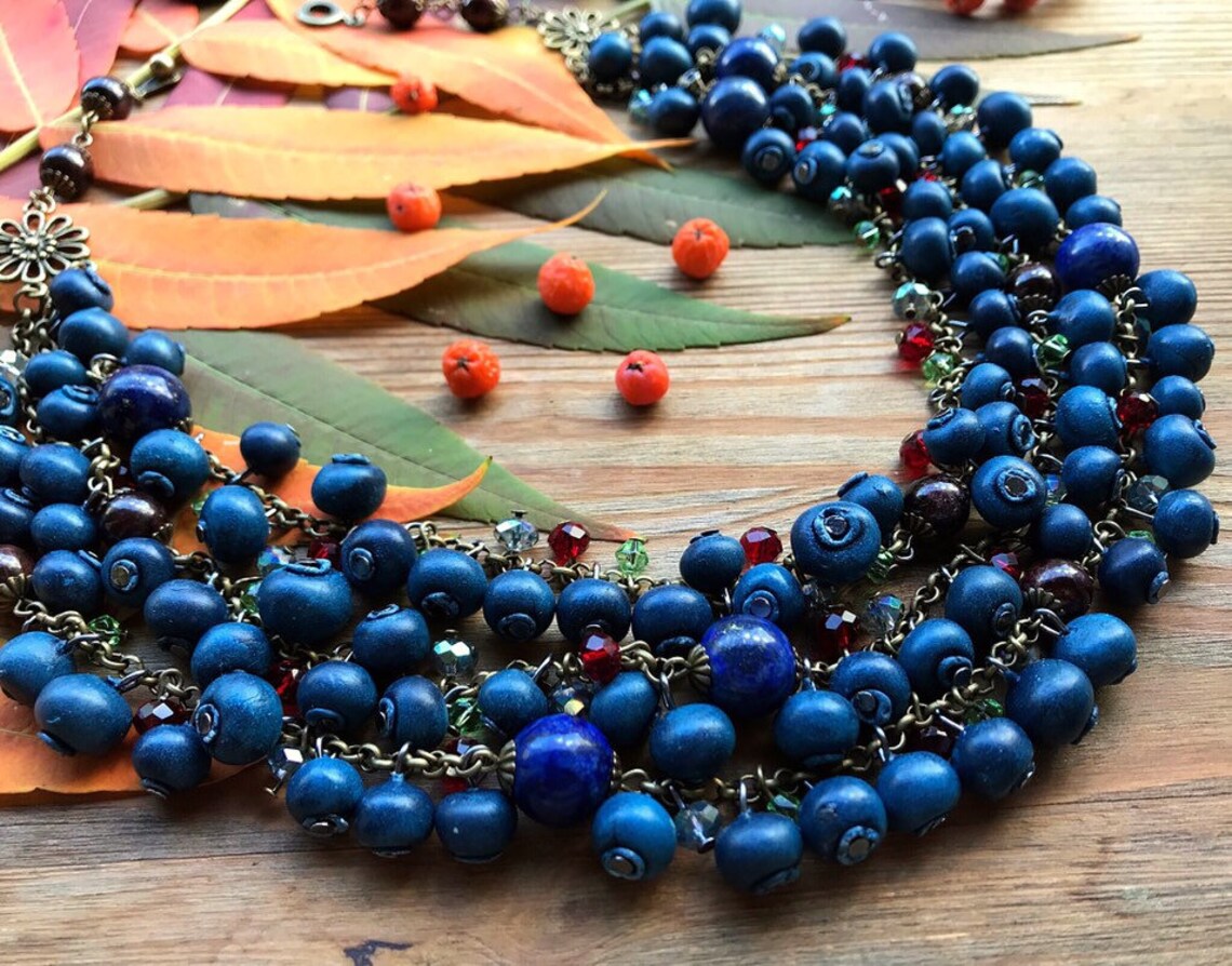 Blueberry necklace with garnet & lapis lazuli Statement Royal | Etsy